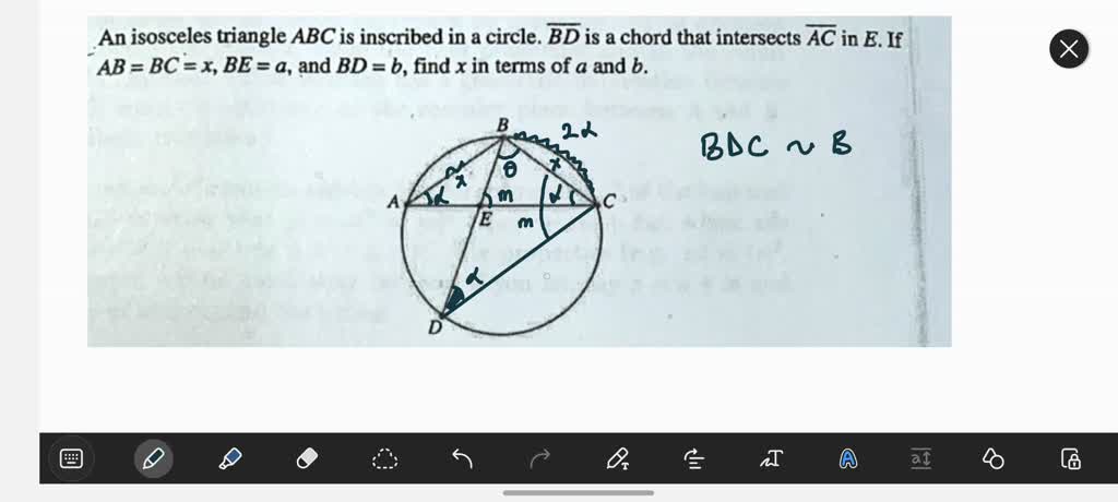 SOLVED: An isosceles triangle ABC is inscribed in a circle. BD is a ...