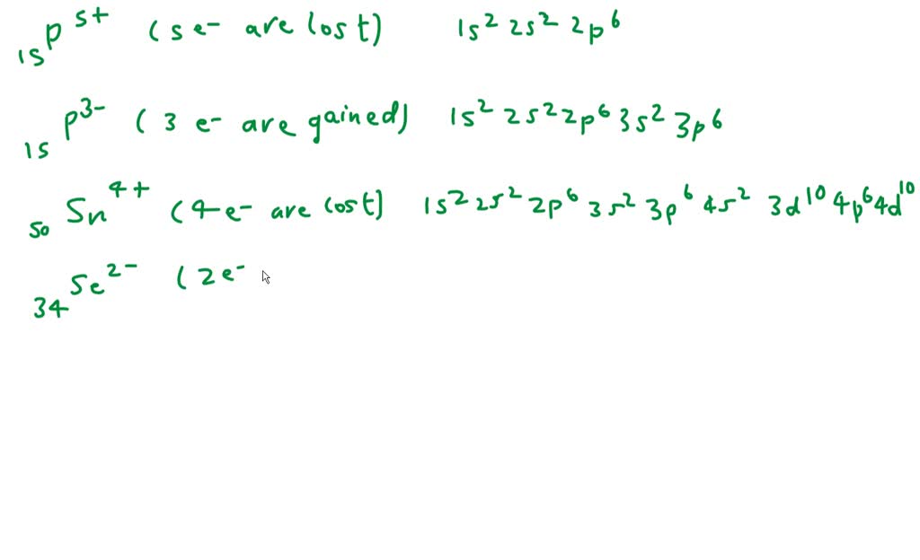 SOLVED: give the electron configuration for the following: P5+, P3-, SN4+, SE2-, I- and Ni2+