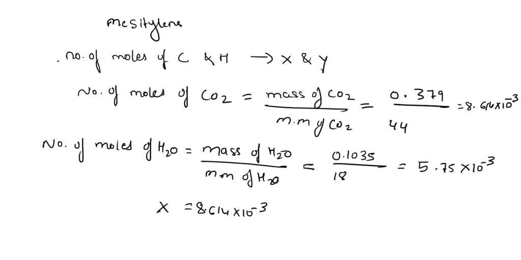 Mesitylene is a liquid hydrocarbon. Burning 0.115 g of the compound in ...