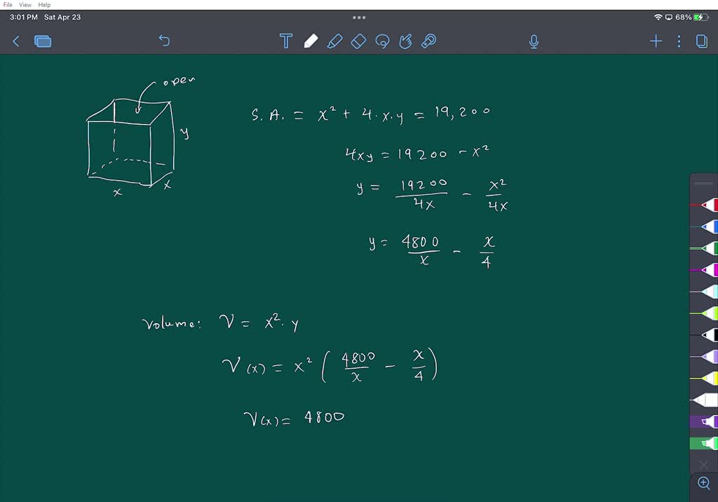 SOLVED: If 19,200 cm2 of material is available to make a box with a ...