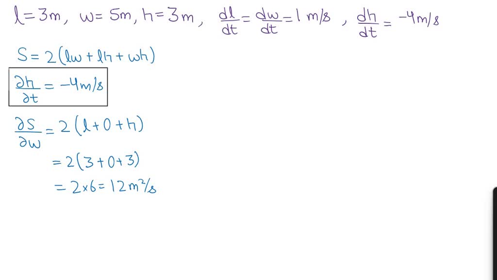 SOLVED: The length L, width w. and height h of rectangular box (with a lid) change with time: At ...