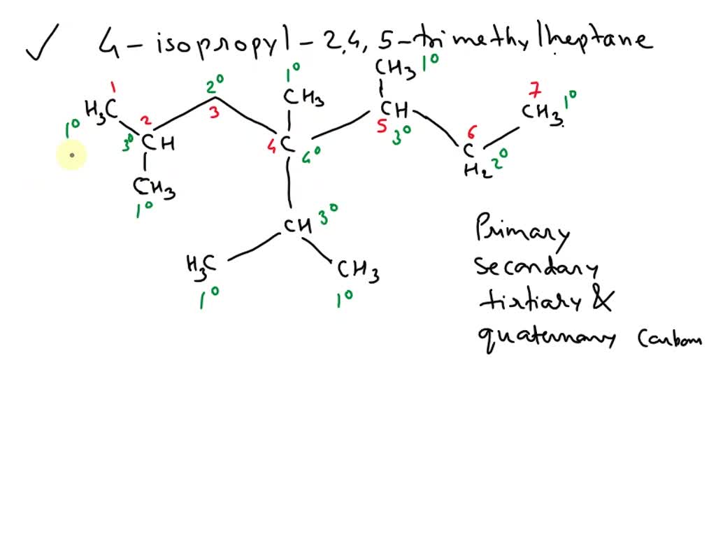 SOLVED: In the structure of 4-isopropyl-2,4,5-trimethylheptane, identify the primary, secondary ...