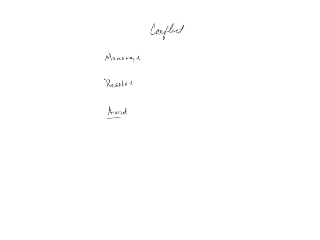 SOLVED: 1. Differentiate between managing, resolving, and avoiding conflict SOLVED: 1. Differentiate between managing, resolving, and avoiding conflict