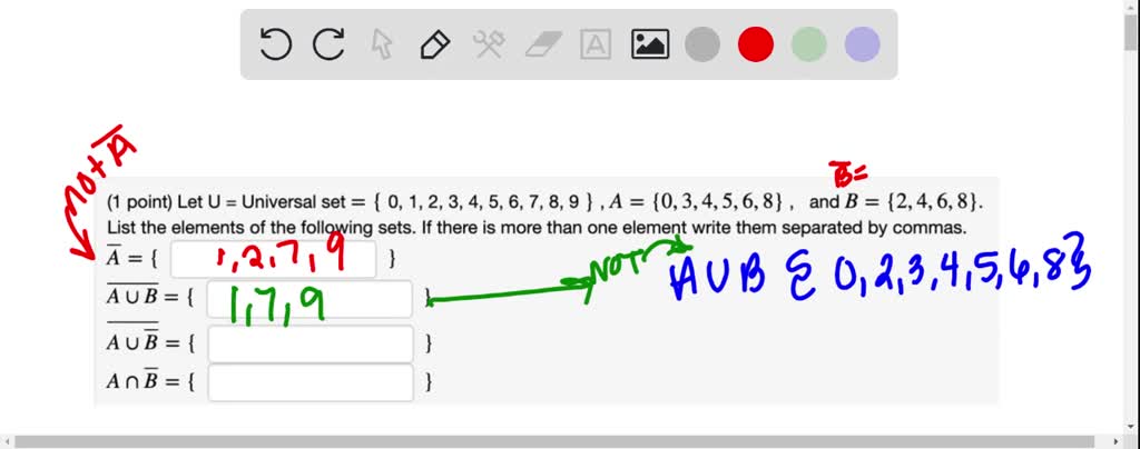 SOLVED: point) Let U = Universal set = 0, 1, 2, 3, 4, 5,6,7,8,9 ,A = 0 ...