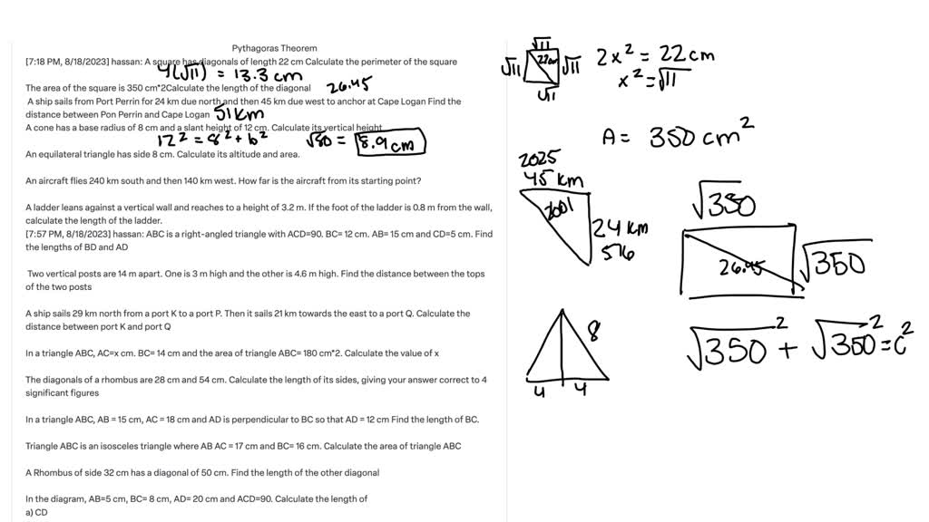 SOLVED: Pythagoras Theorem [7:18 PM, 8/18/2023] hassan: A square has ...