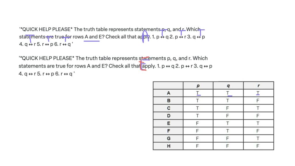 SOLVED: '*QUICK HELP PLEASE* The truth table represents statements p, q, and r. Which statements ...