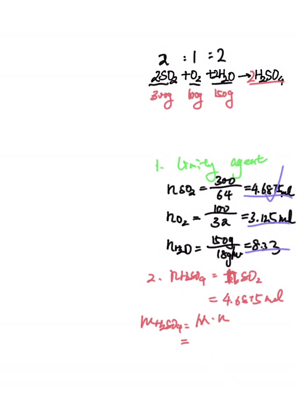 SOLVED: 2SO2(g) + O2(g) + 2H2O(l) → 2H2SO4(aq) What is the maximum mass ...