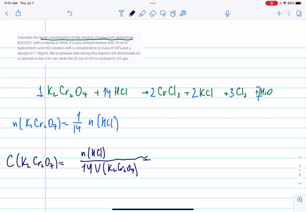 SOLVED: Calculate the molarity of k2Cr207 potassium dichromate solution ...