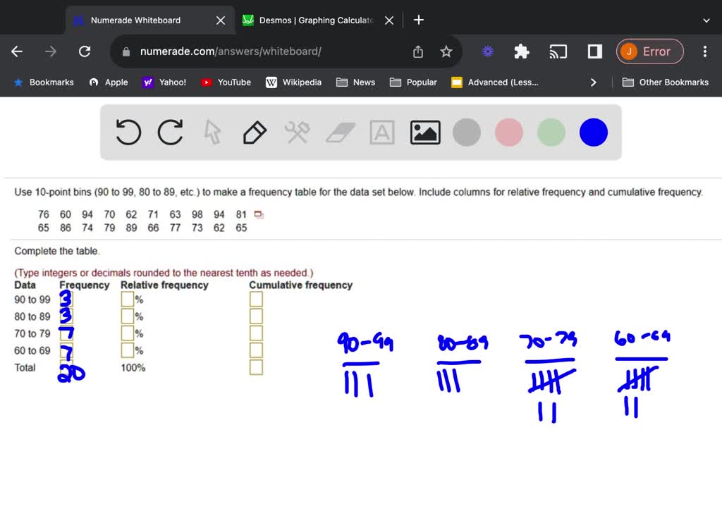 SOLVED: Use 10-point bins (90 to 99, 80 to 89, etc ) to make frequency table for the data set ...
