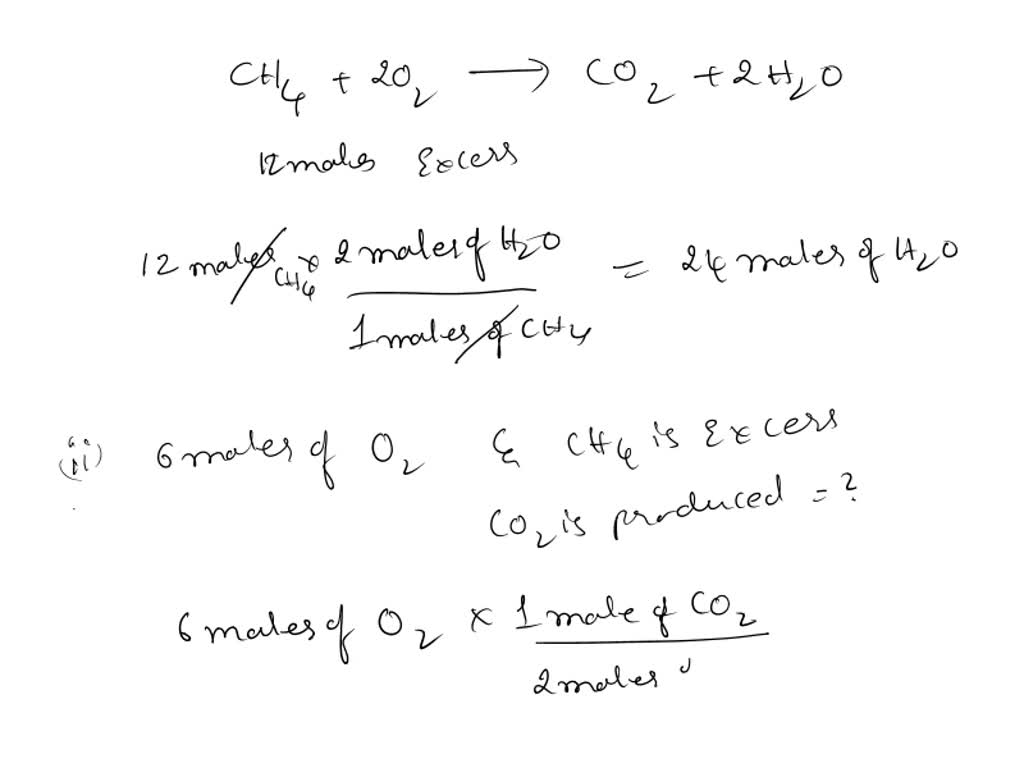 SOLVED: CH4 + 2 O2 â†’ CO2 + 2 H2O 1) How many moles of H2O are produced when 12 moles of CH4 ...