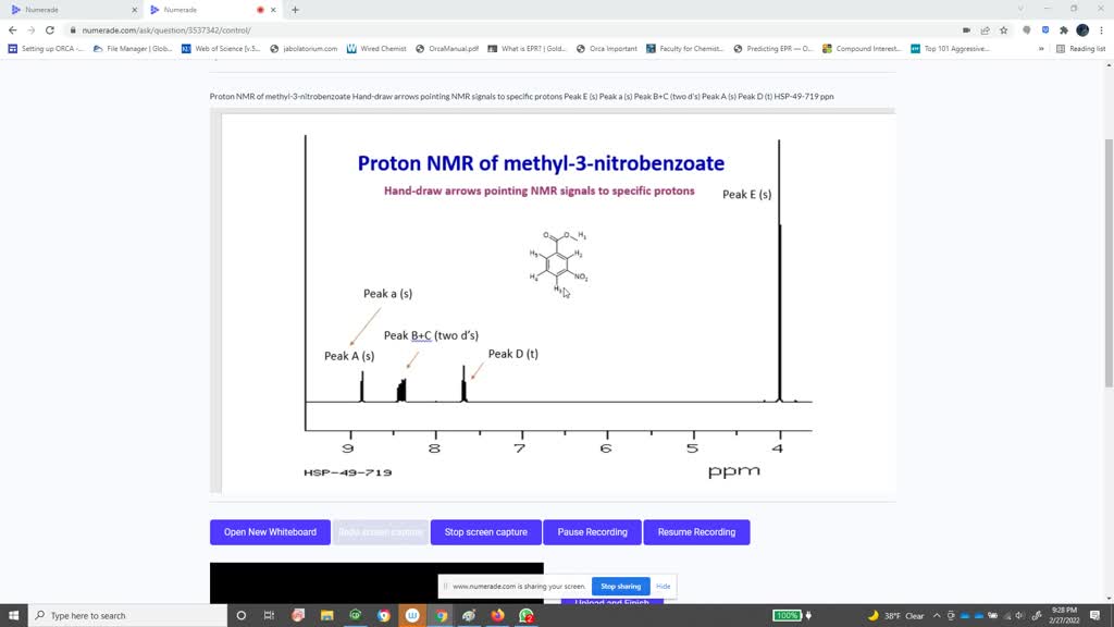 Proton NMR of methyl-3-nitrobenzoate. Hand-draw arrows pointing to NMR ...