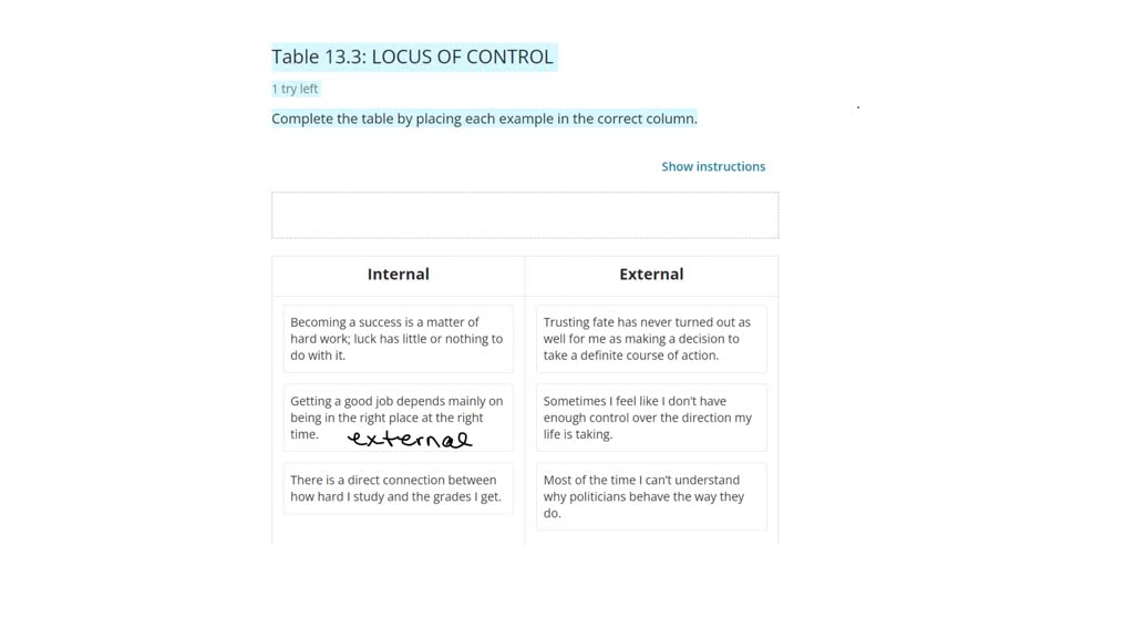SOLVED: Classify each example as either an internal locus of control or ...