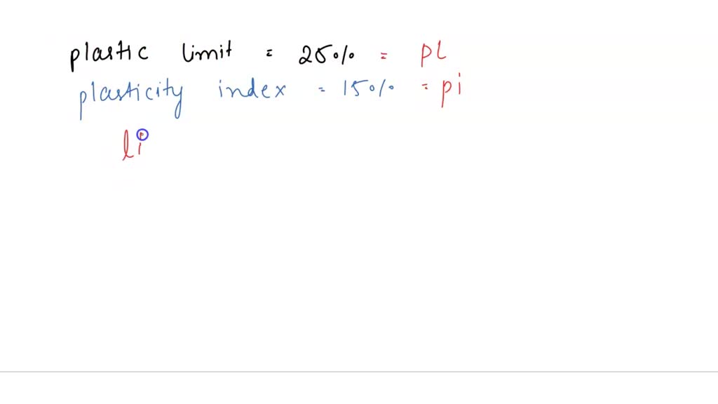 SOLVED: plastic limit of a soil is 25% and it's plasticity index is 15% ...