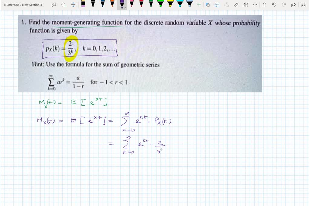 SOLVED: Find the moment-generating function for the discrete random variable X whose probability ...