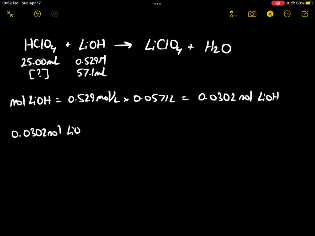 SOLVED: A 100.0 mL sample of 0.25 mol/L HClO4 is titrated with 0.25 mol/L LiOH. Determine the pH ...