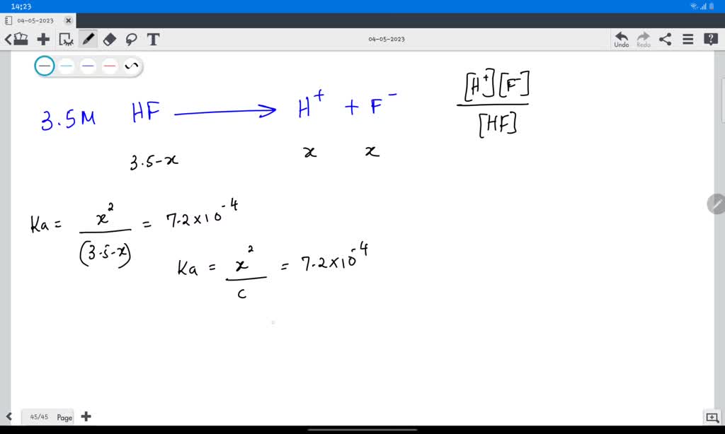 SOLVED: Calculate the pH of a 3.5 M solution of hydrofluoric acid, HF ...