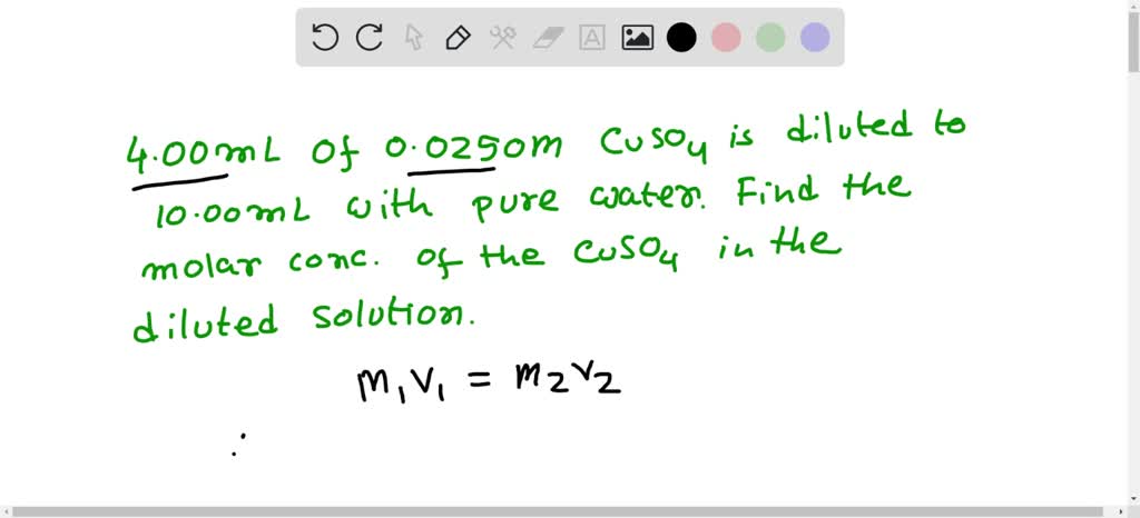 SOLVED: If 4.00 ml of 0.0250 M CuSO4 is diluted to 10.0 ml with pure water what is the molar ...