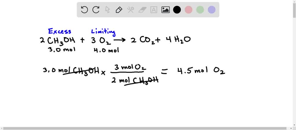 SOLVED: 2CH3OH+ 3O2 →2CO2 + 4H2O If 3.0 moles of CH3OH reacts with 4.0 ...