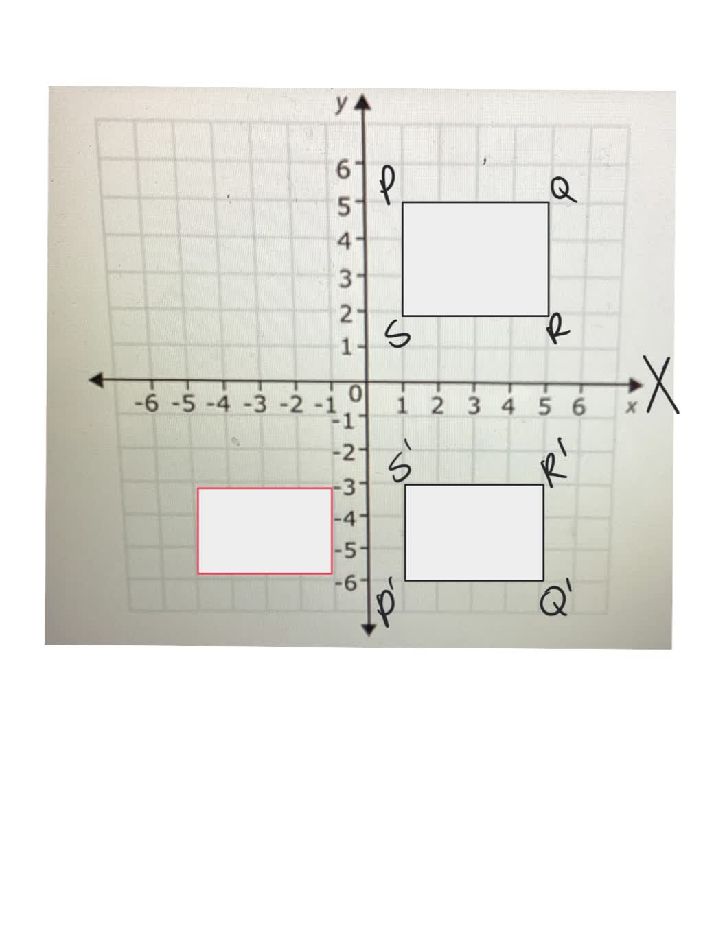 SOLVED: Rectangle PQRS is reflected across the x-axis. The image is P'Q'R'S'. Which two further ...