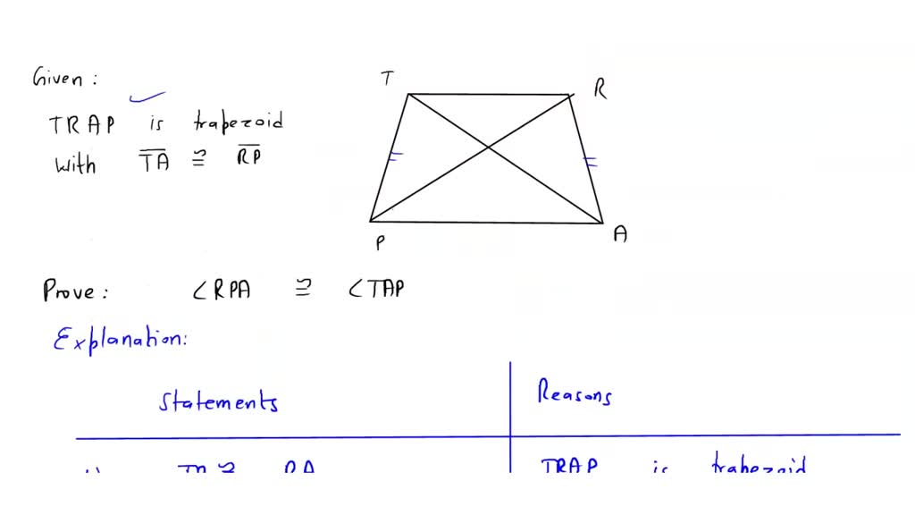 SOLVED: Given: TRAP is a trapezoid with T A≅R P Prove: R P A ≅ T A P Statements 1. TRAP is a ...