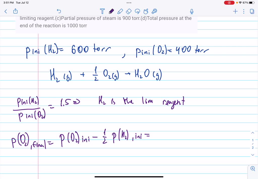 SOLVED: A 10.0 mL vessel contains hydrogen at a partial pressure of 600 torr and oxygen at a ...