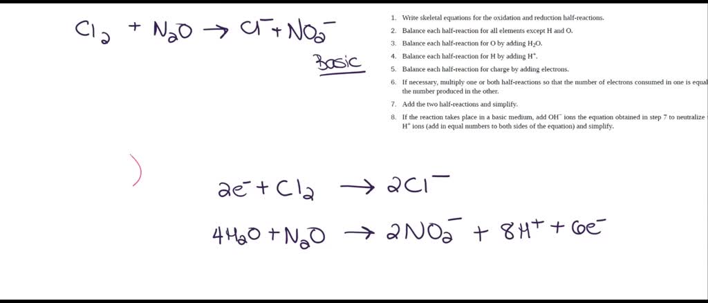 SOLVED: Balance the reaction between Cl2 and N2O to form Cl- and NO2 ...