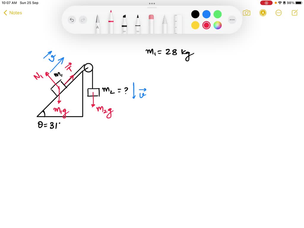 SOLVED: A mass m1 = 28 kg on a frictionless ramp is attached to a light ...