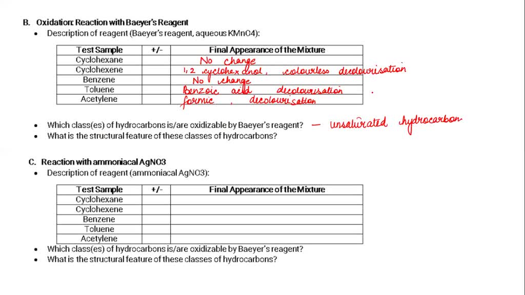 SOLVED: Oxidation Reaction with Baeyer's Reagent Description of reagent ...