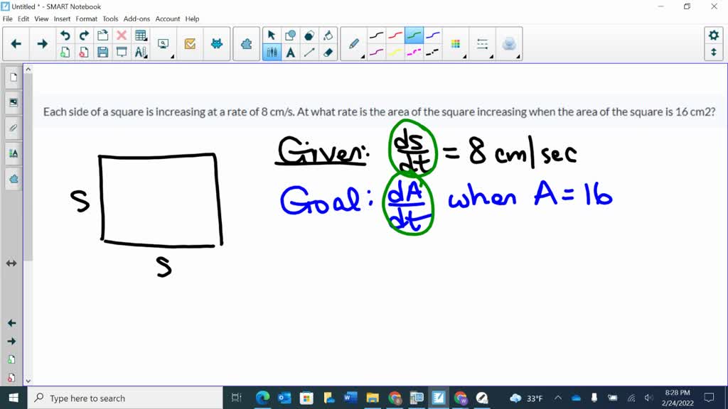 SOLVED: Each side of a square is increasing at a rate of 8 cm/s. At ...