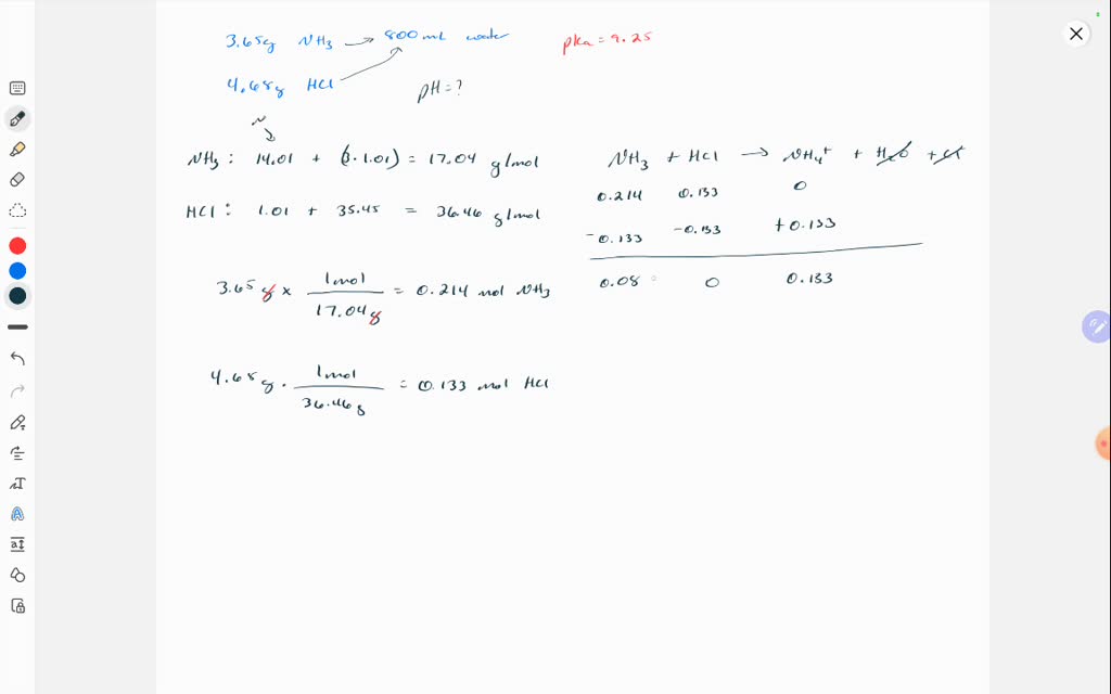 SOLVED: A buffer is created by combining 3.65 g of NH3 with 4.86 g of HCl and diluting to a ...