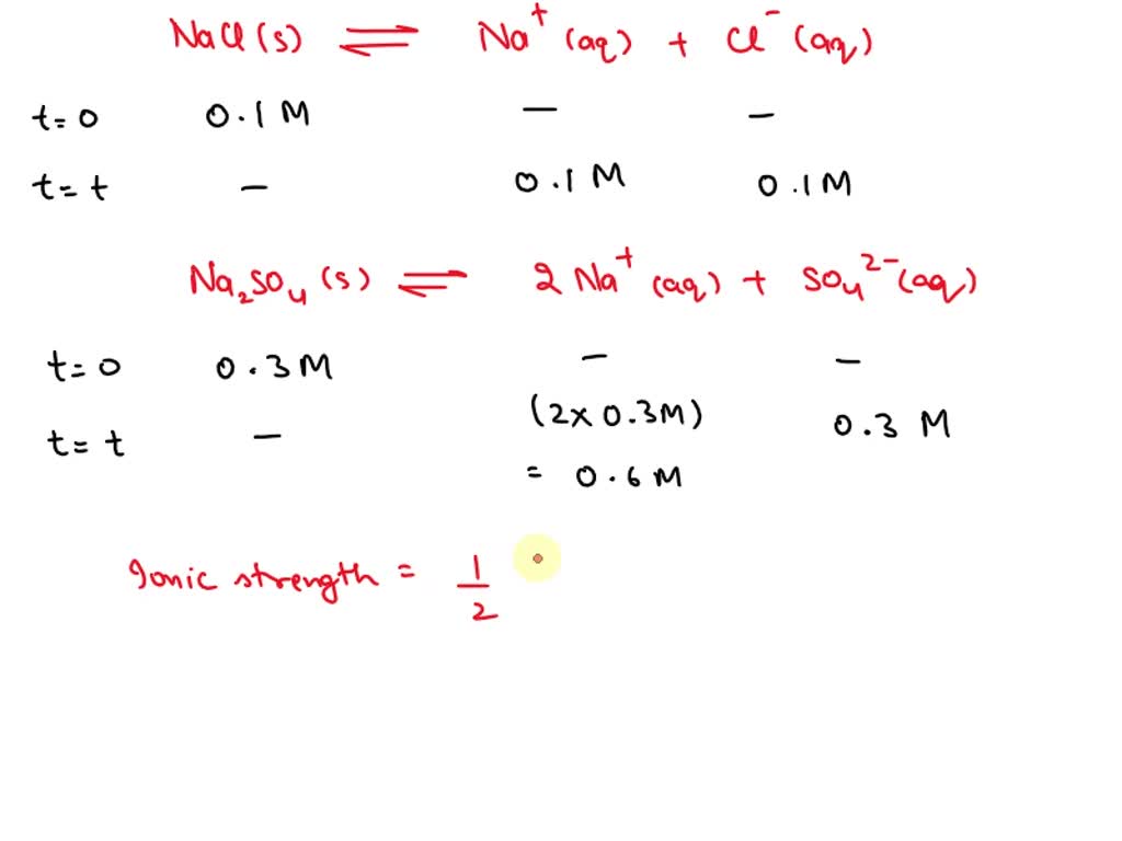 SOLVED: Calculate the ionic strength for a solution containing 0.1M NaCl and 0.3M Na2SO4. (2 ...