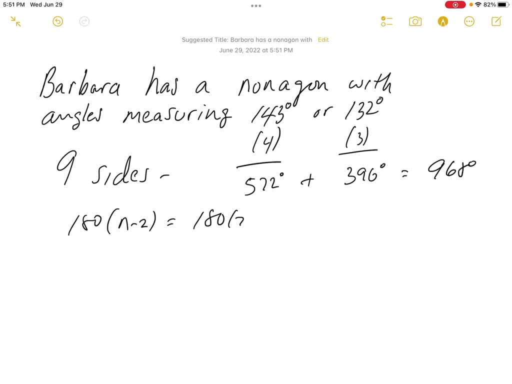 four interior angles of a convex nonagon measure 143 degrees, and three ...