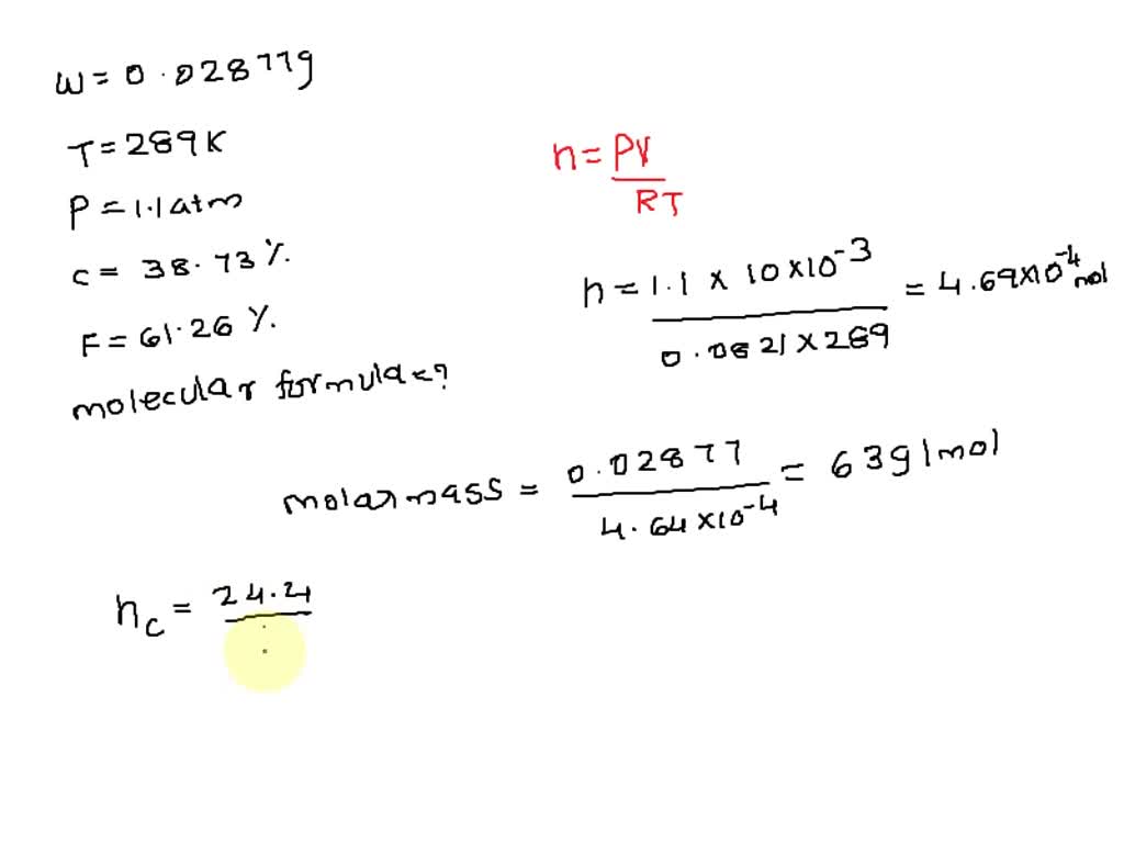 SOLVED: A 0.02877 g sample of gas occupies 10.0-ml at 289.0 k and 1.10 atm. upon further ...