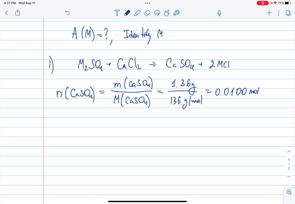 SOLVED: A 1.42-g sample of a pure compound, with formula M2SO4, was dissolved in water and ...