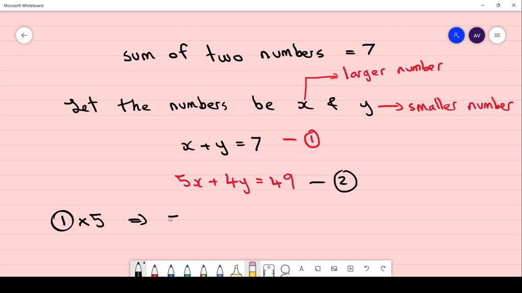 SOLVED: The sum of two numbers is 7 . five times the larger number plus four times the smaller ...