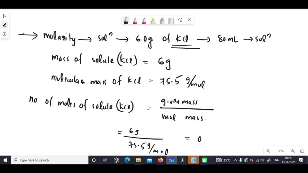 SOLVED: The molarity of a solution of 6.0g of KCl in 80 mL of solution ...