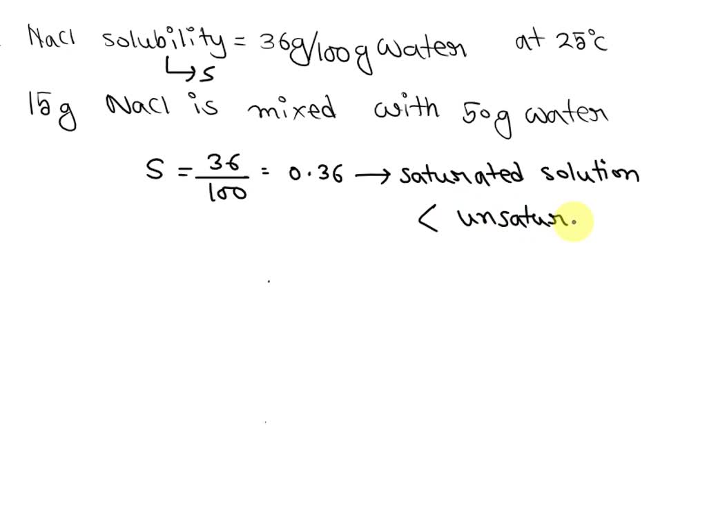 SOLVED: If the solubility of sodium chloride at 25°C is 36.0 g/100 g water, Which of the ...