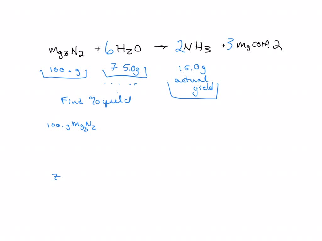 SOLVED: When 100.g Mg3N2 reacts with 75.0 g H2O, 15.0 g of NH3 is ...