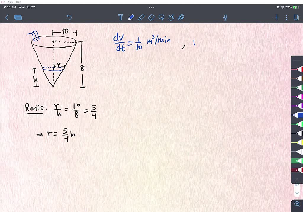 SOLVED: 10. Water is pouring into inverted right circular cone at a ...