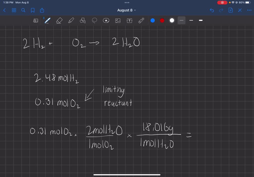SOLVED: Which is the limiting reactant when 5.00 g of H2 and 10.0 g of O2 react and form water ...