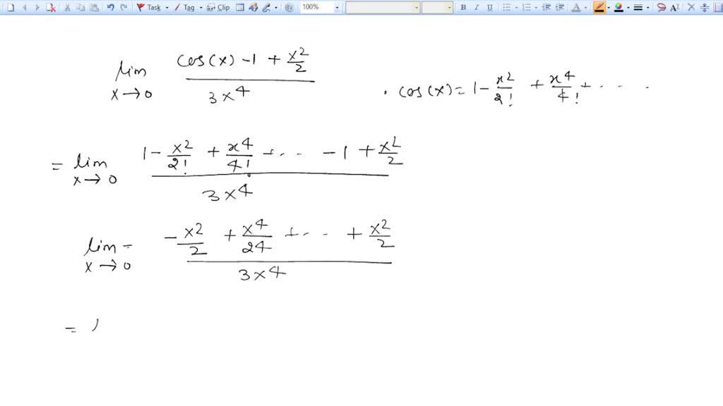 SOLVED: point) Evaluate cos(x) 1 + 2 lim X-0 7x4 Limit Hint: Use the ...