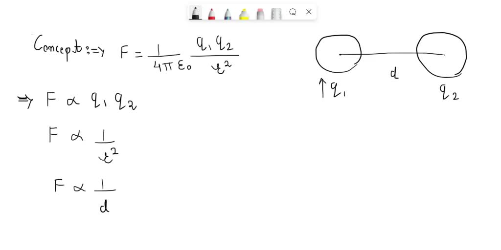 Two charged objects are separated by distance, d. The first charge has a larger magnitude (size ...