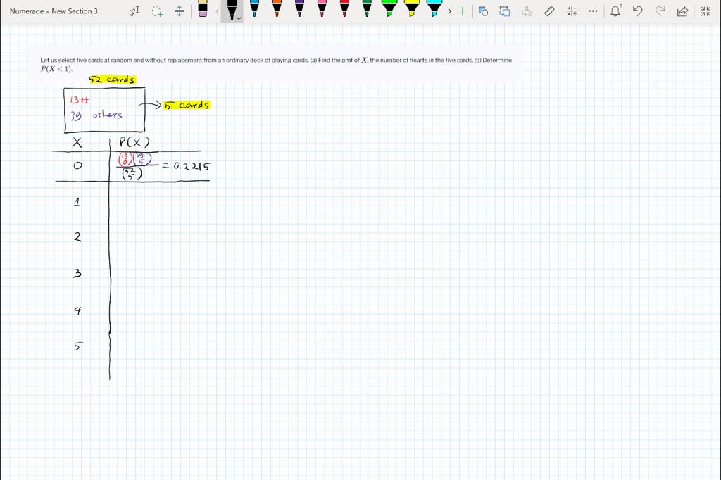 SOLVED: Let us select five cards at random and without replacement from ...