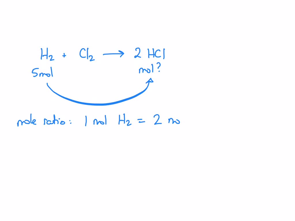 SOLVED: H2 + Cl2 -> 2HCl How many moles of HCl will be produced from 5 ...