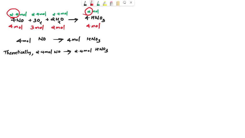 SOLVED: 4NO + 3O2 + 2H2O = 2.4 moles of NO 2.4 moles of O2 and 2.4 ...