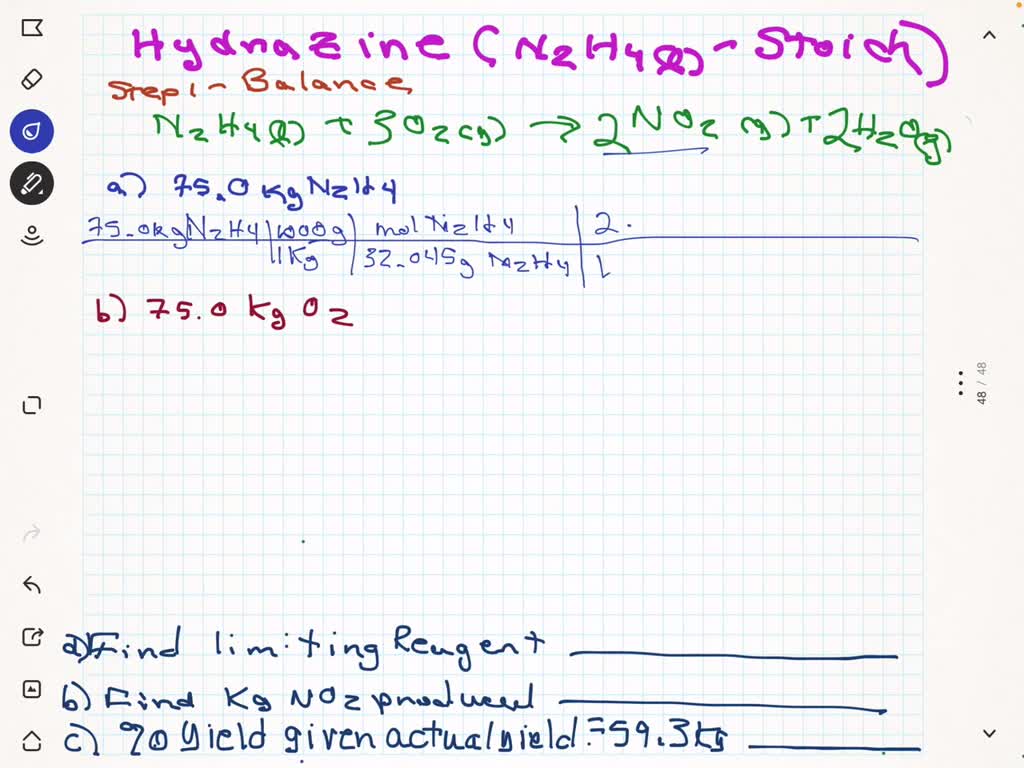 SOLVED: Hydrazine reacts with oxygen according to the unbalanced ...