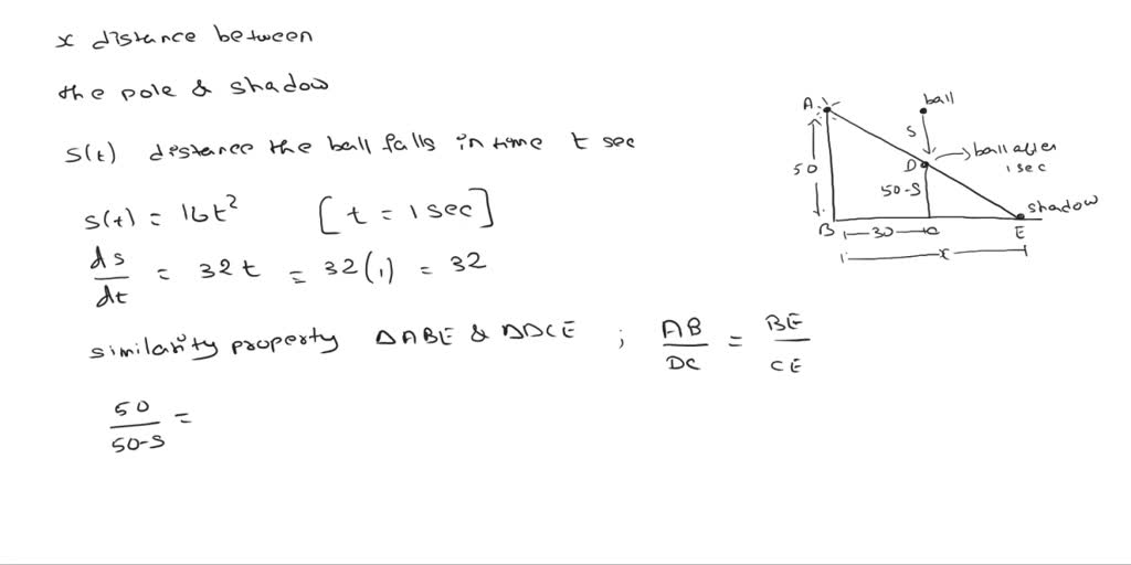SOLVED: A light shines from the top of a pole 50 ft high. A ball is ...