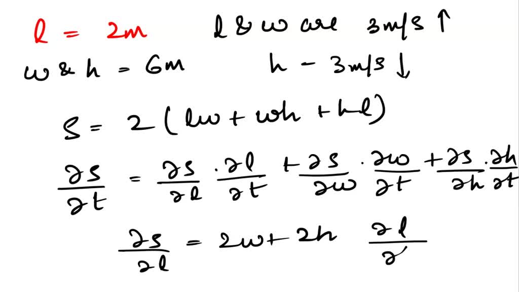 The length l, width w, and height h of a rectangular box (with a lid) change with time. At a ...