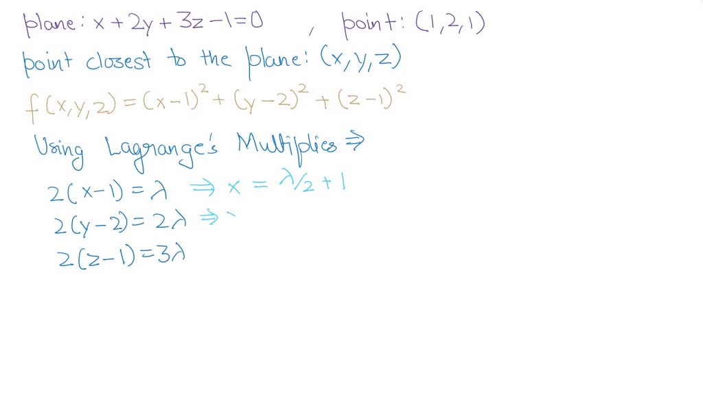 SOLVED: Use the method of Lagrange multipliers to find the point on the plane x + 2y + 3z = 1 ...