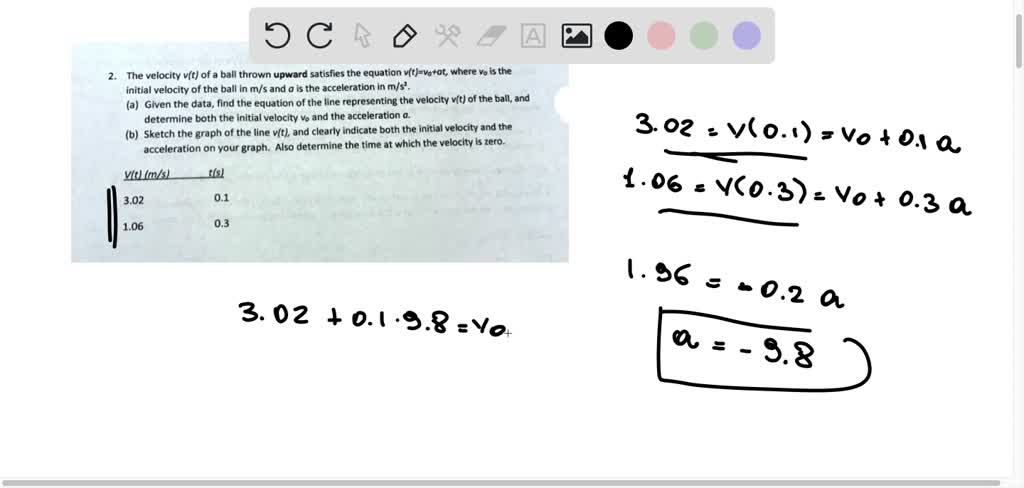 SOLVED: The velocity v(t) of a ball thrown upward satisfies the equation v(t) = Vo - at, where ...